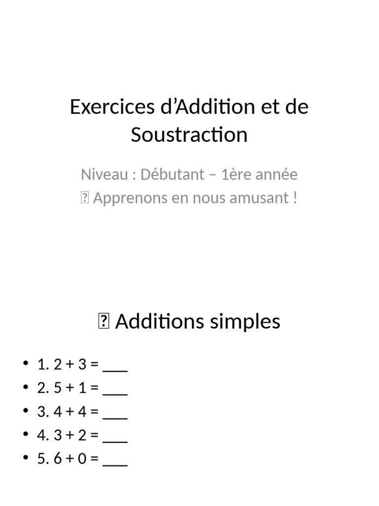 Test De Mathématiques Addition Et Soustraction