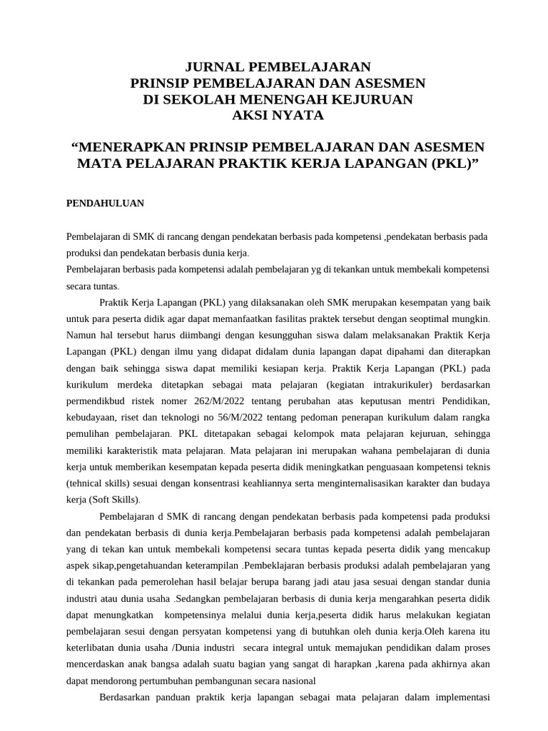 Jurnal Pembelajaran Asesmen PKL | PDF