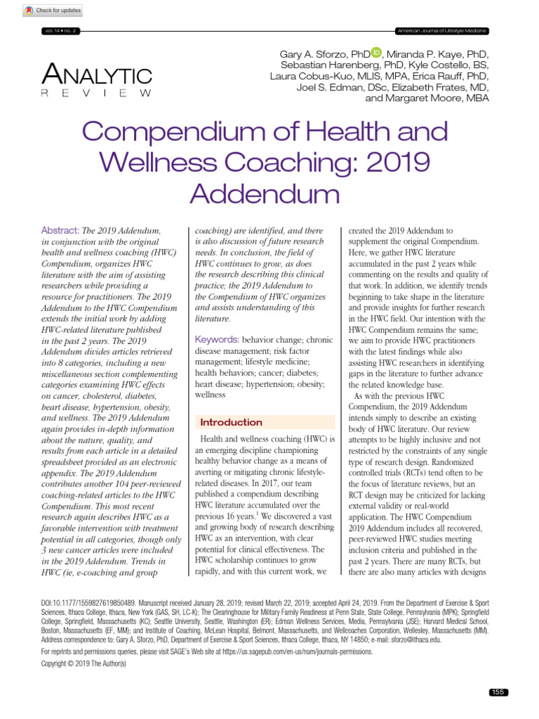 2019 Sforzo Compendium of Health and Wellness Coaching 2019 Addendum ...
