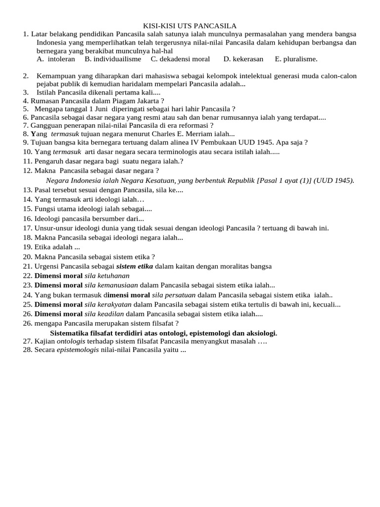Kisi-Kisi Uts Pancasila 24 | PDF