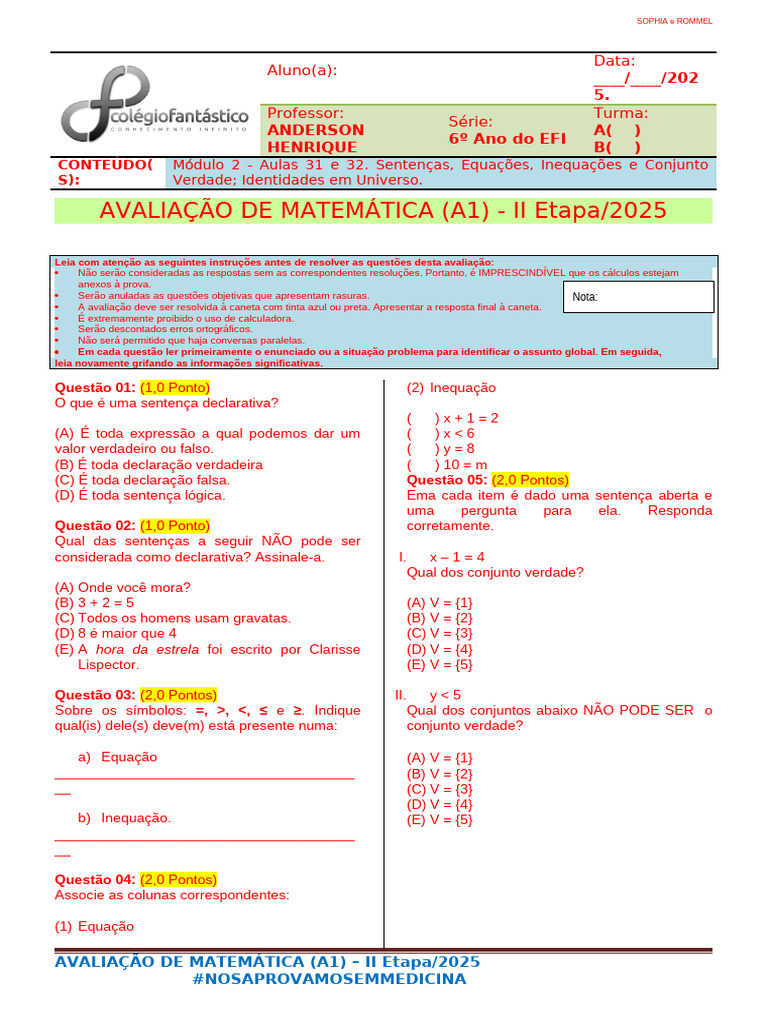 6º Ano - II Etapa - Matemática (A1) - Anderson (Rommel e Sophia) | PDF | Matemática