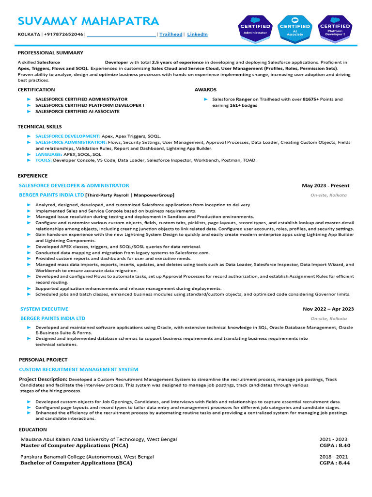 Suvamay - Mahapatra - Salesforce - Developer + Admin - Resume | PDF | Databases | Information ...