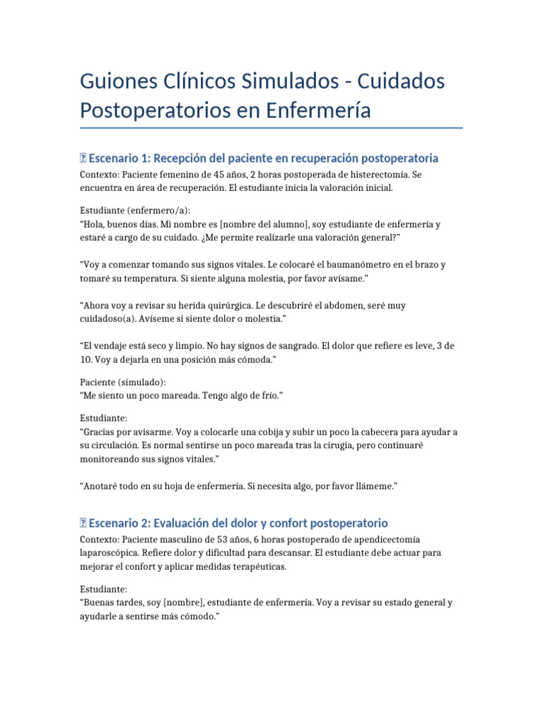 Guiones Clinicos Postoperatorios | PDF | Enfermería | Cuidado de la salud