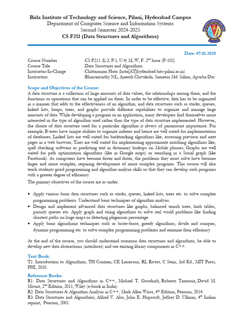 CS F211 - Data Structures and Algorithms - Chittaranjan Hota | PDF | Theoretical Computer ...
