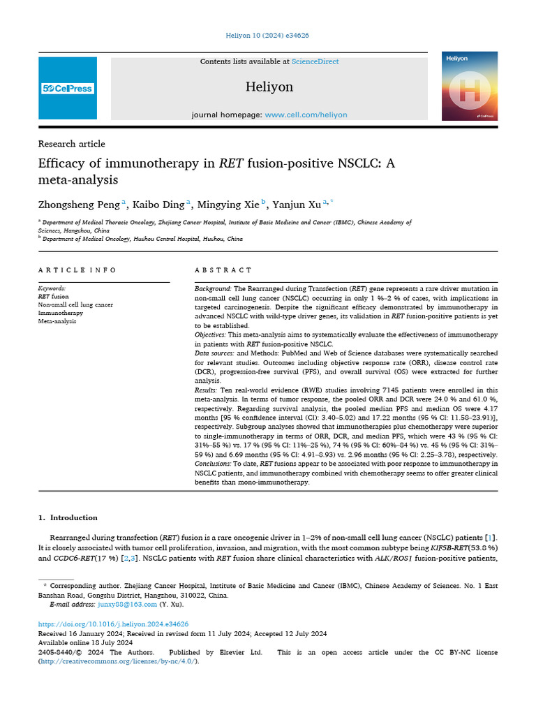 【Efficacy of immunotherapy in RET fusion-positive NSCLC- A meta ...