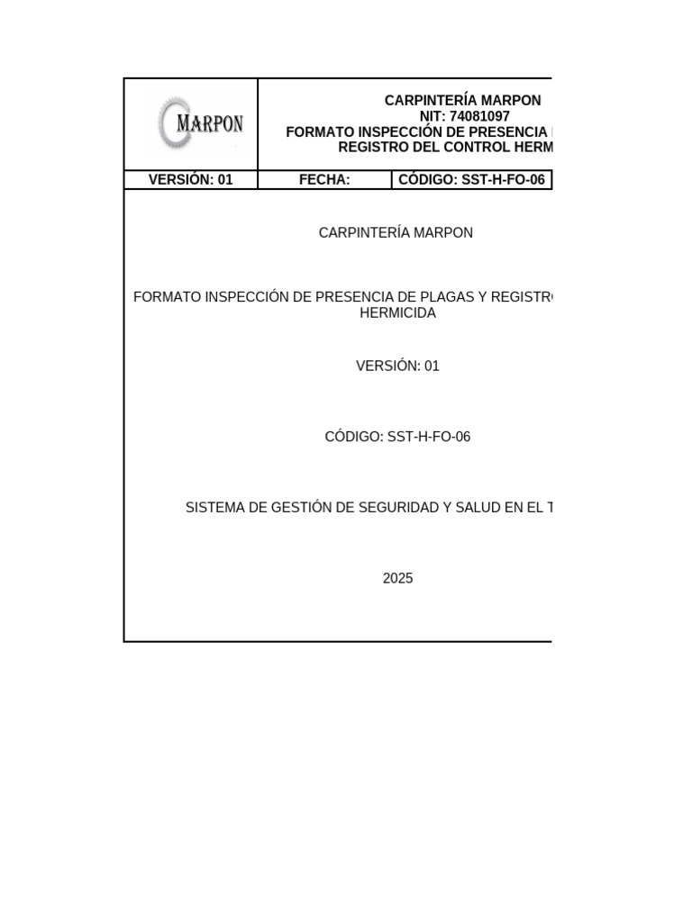 SST-H-FO-06, Formato Inspección de Presencia de Plagas y Registro Del ...