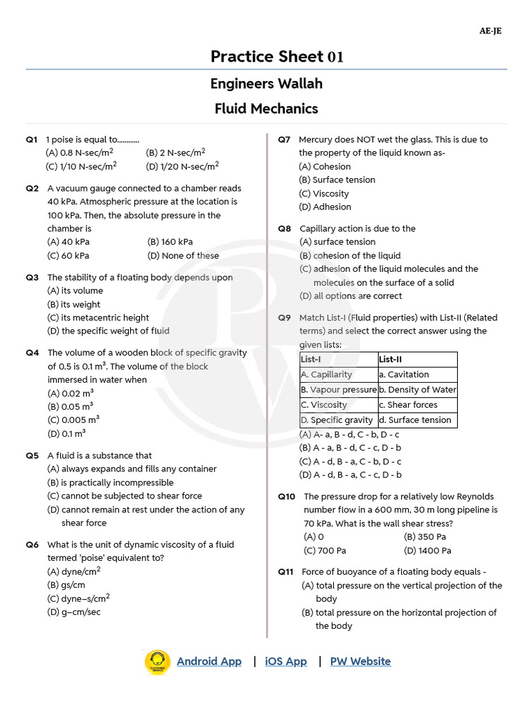 Practice Sheet 01 - (Fluid Mechanics-English) | PDF | Fluid Dynamics ...