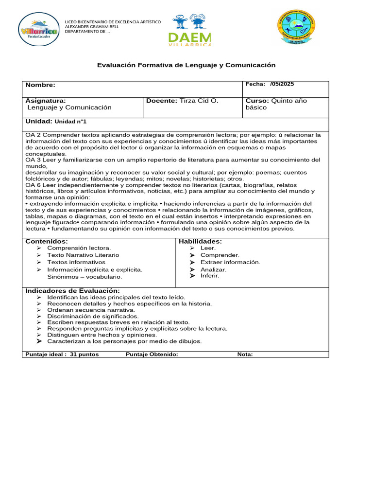 Formativa Lenguaje 5 ° | PDF | Observatorio | Chile