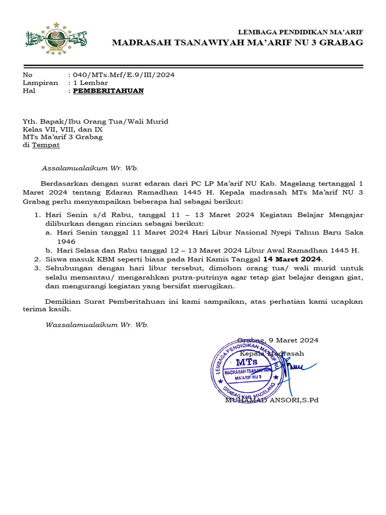 Surat Pemberitahuan_040_Awal Ramadhan | PDF