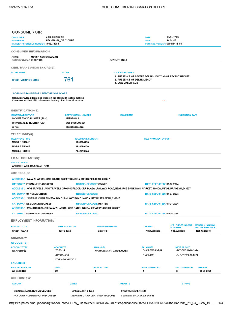 Asisih Cibil_ Consumer Information Report | PDF | Loans | Credit