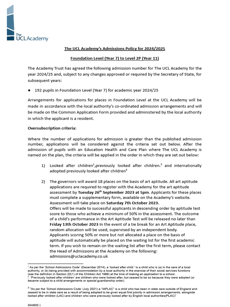 The UCL Academy Foundation To Level 2P Admissions Policy 2024 2025 ...