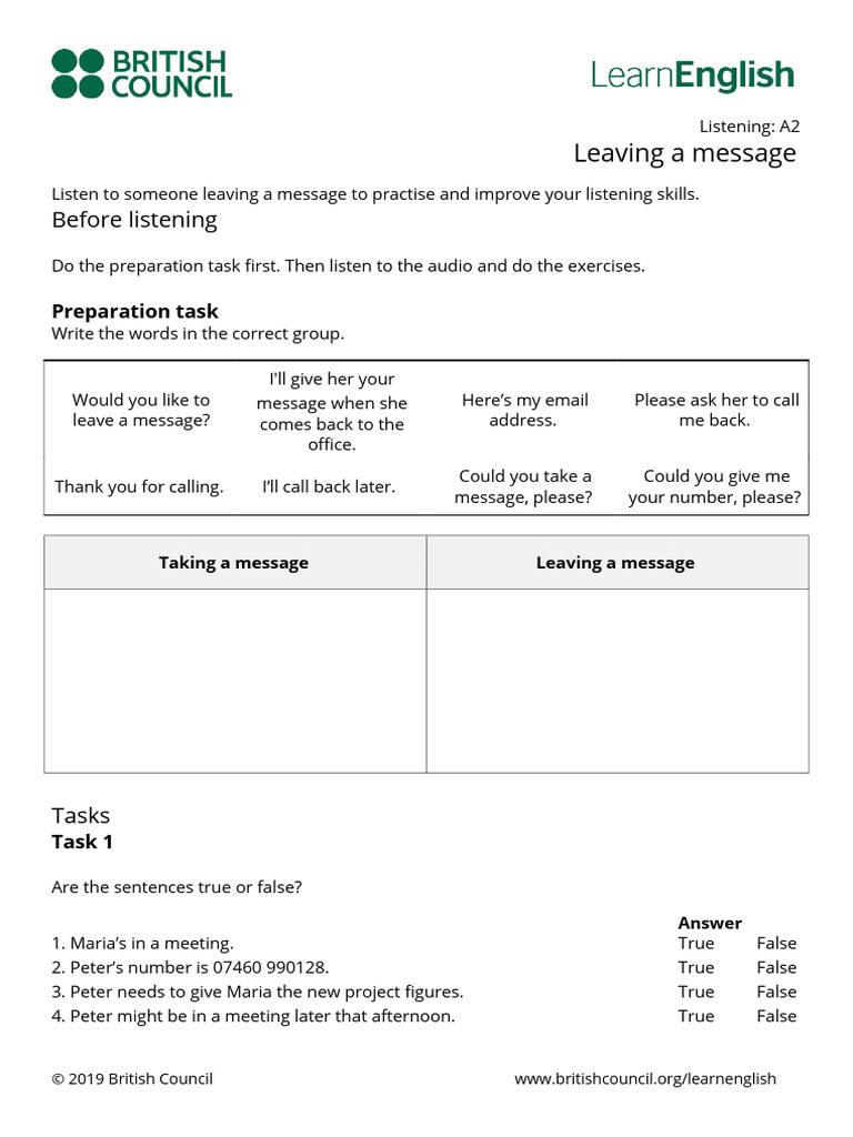 Leaving a Message: Listening Practice | PDF