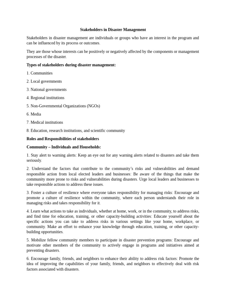 Stakeholder Roles in Disaster Management | PDF | Emergency Management ...
