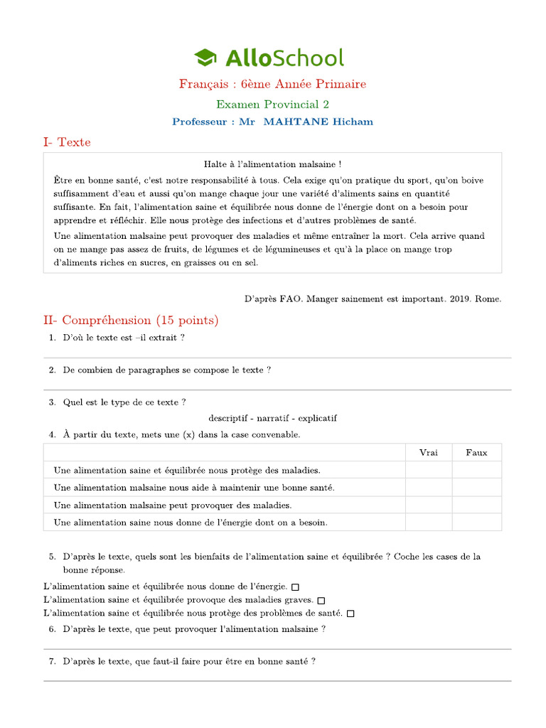 Francais 6ap Examen Provincial 2 2 | PDF