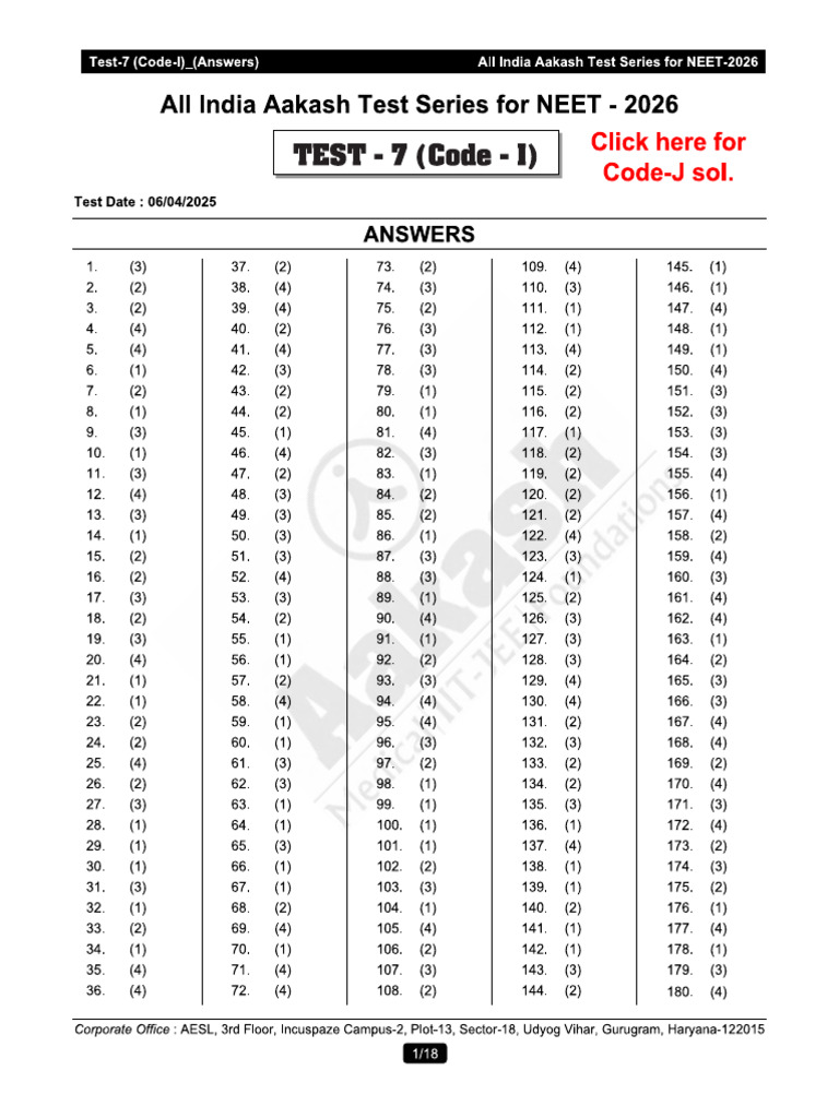 AIATS-2026 (TYM) - Test-7 Code-I&J - (06-04-2025) - Sol | PDF