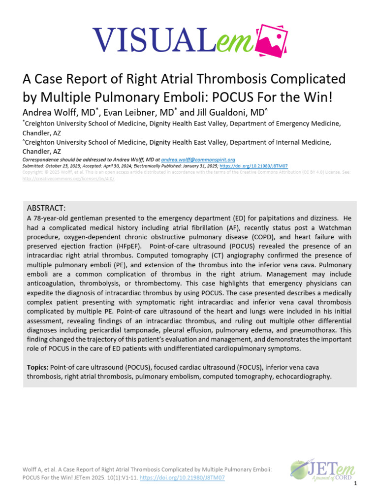 Wolff A, Et Al. A Case Report of Right Atrial Thrombosis Complicated by ...