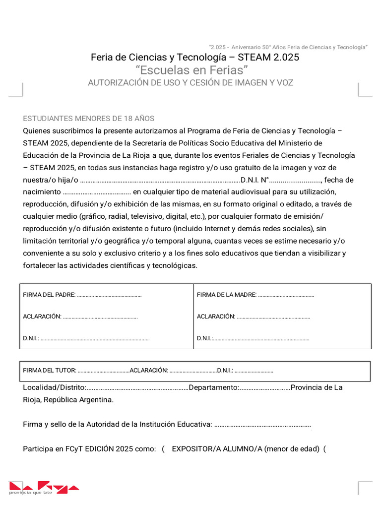 AUTORIZACI N DE USO Y CESI N DE IMAGEN Y VOZ MENORES FCyT - STEAM 2025 ...
