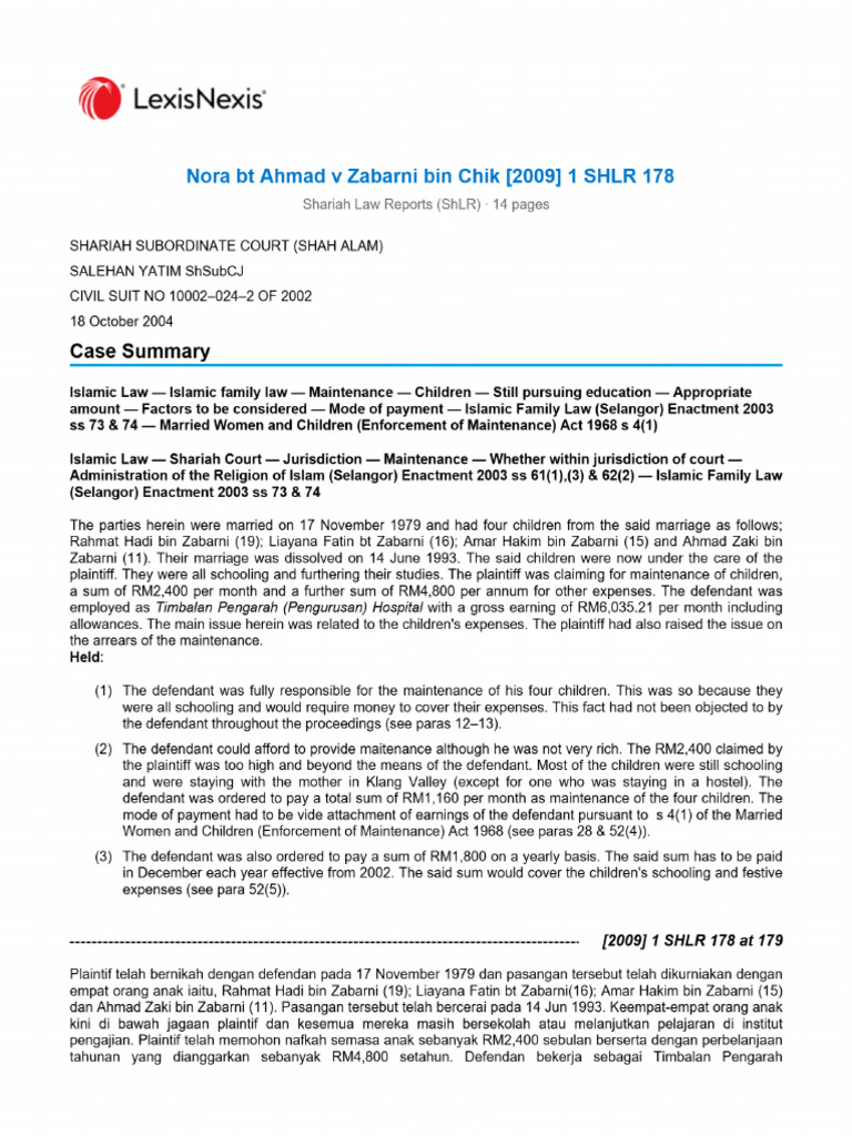 Nora BT Ahmad V Zabarni Bin Chik, (2009) 1 SHLR 178 | PDF