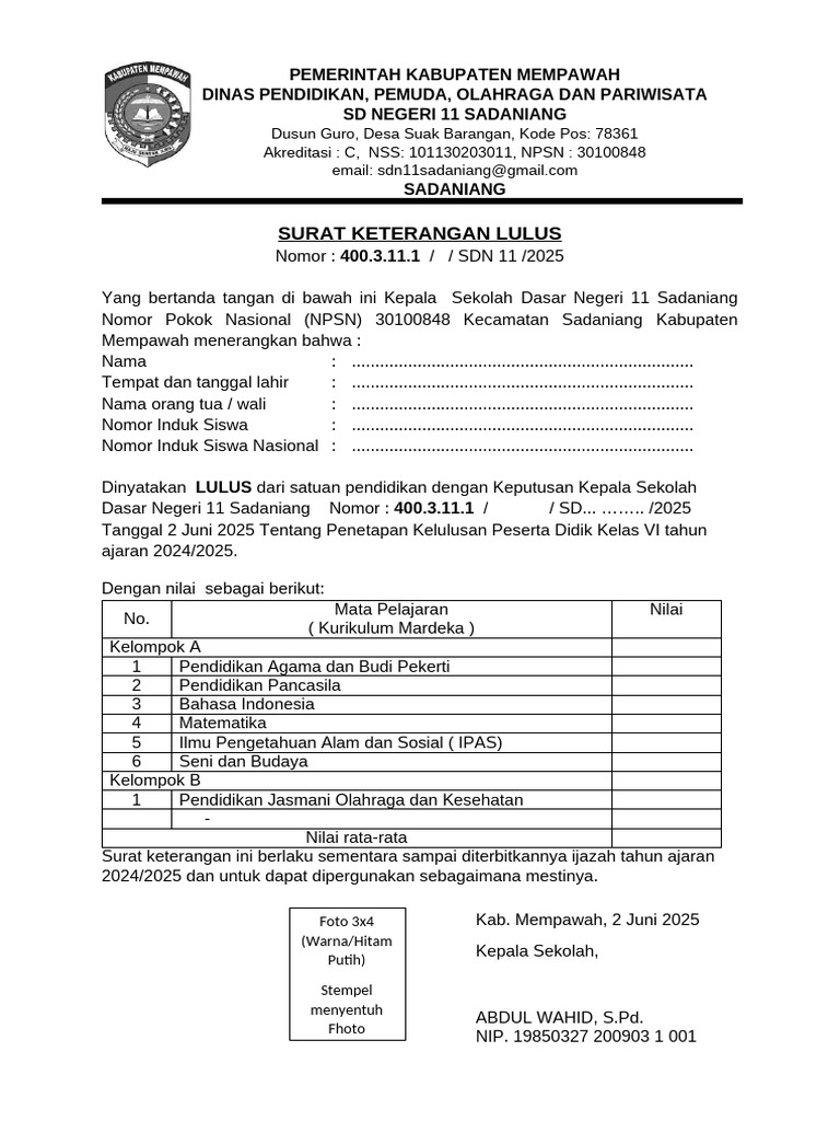 Surat Keterangan Lulus SD 2025 | PDF