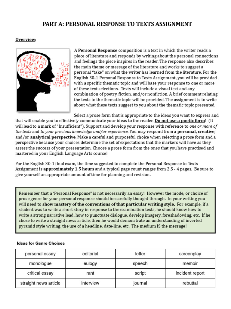 Personal Response to Texts Guide | PDF | English Language | Writers