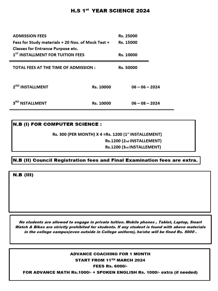 FEES STRUCTURE 1st YEAR 2024 SCIENCE-1 | PDF
