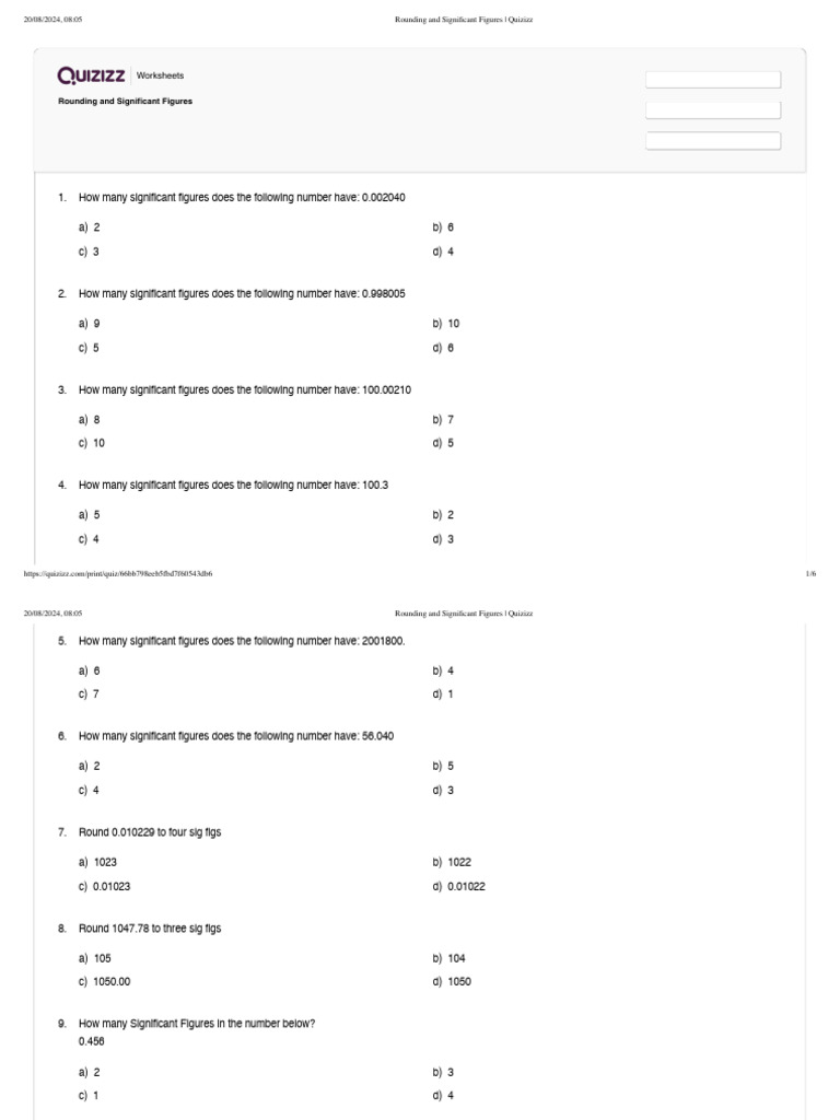 Rounding and Significant Figures Quiz | PDF | Arithmetic | Mathematics