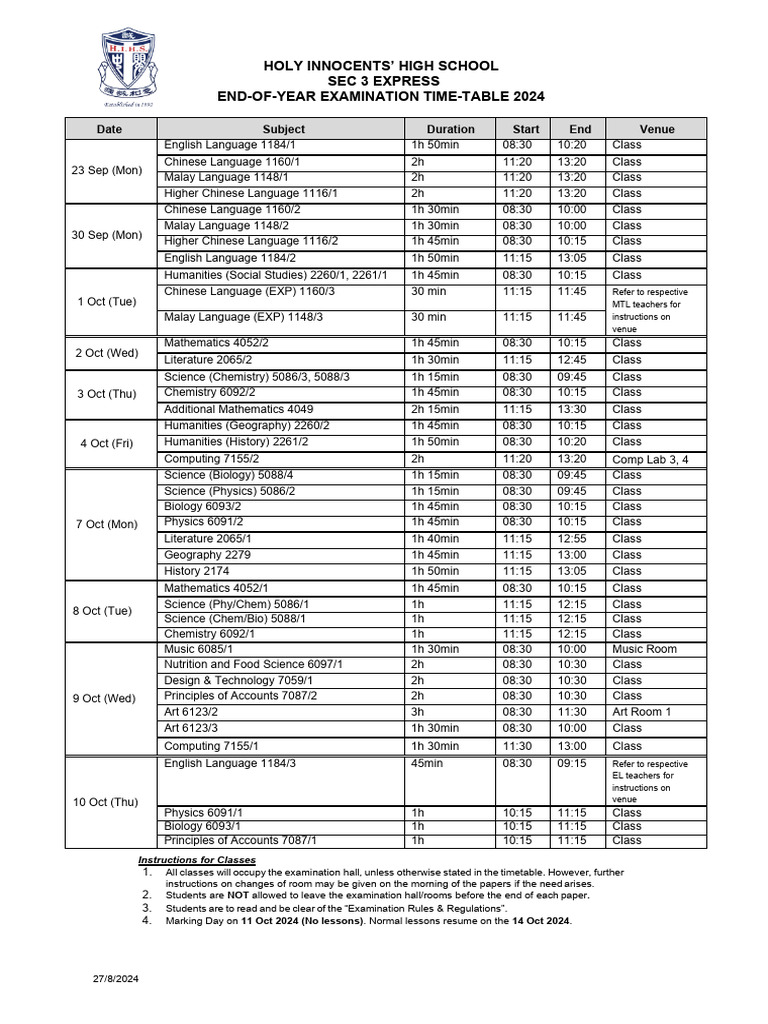S3 EOY Timetable 2024 - 2708 | PDF | Science