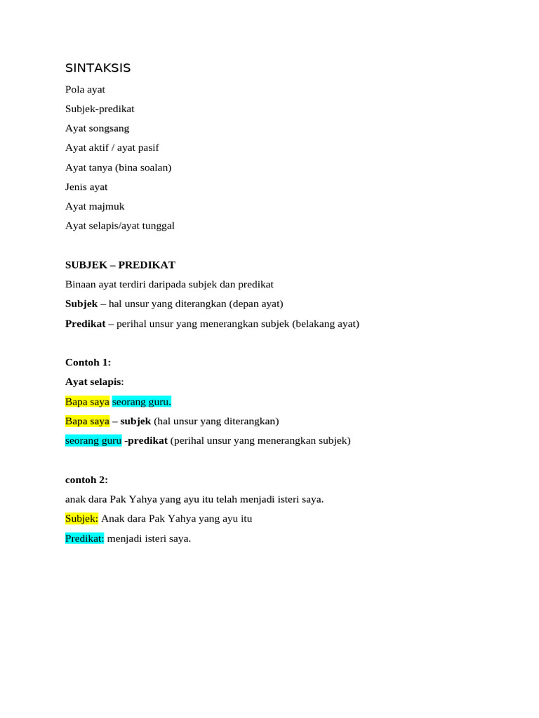 Pola Ayat dan Sintaksis Tingkatan 1 | PDF
