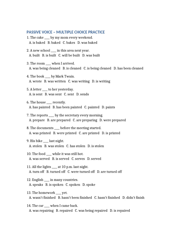 Passive Voice 30 Questions | PDF