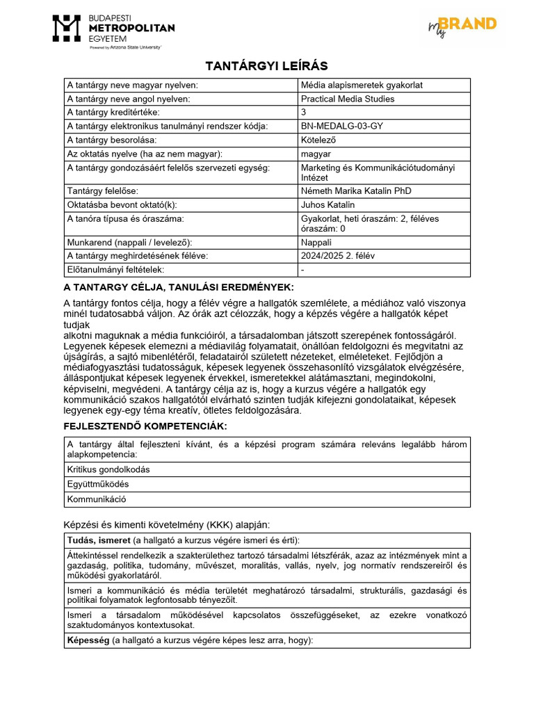 Média Alapismeretek Gyakorlat BN-MEDALG-03-GY 2024-25-2 (11724) | PDF