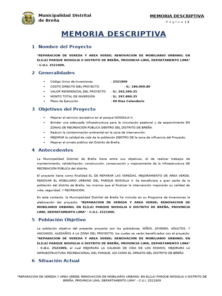 Memoria Descriptiva Nosiglia 2 | PDF | Topografía | Presupuesto