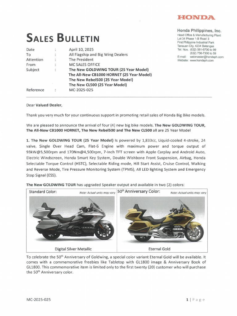 MC 2025 025 Sales Bulletin 25YM CB1000 Hornet GL1800 Rebel500 and CL500 ...