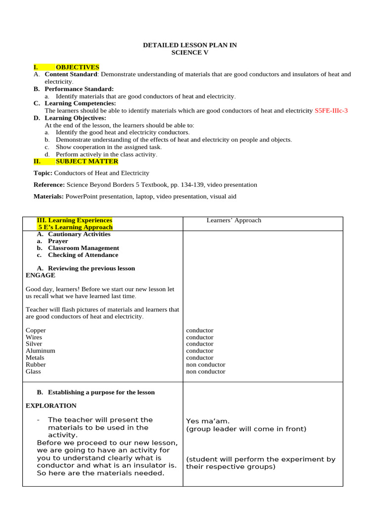 Detailed Lesson Plan in Ict Science V | PDF | Electrical Conductor ...