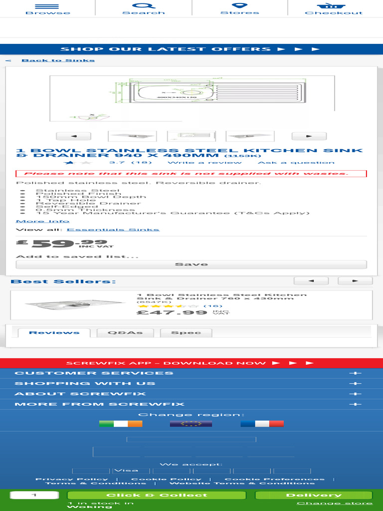 1 Bowl Stainless Steel Kitchen Sink & Drainer 940 X 490mm - Screwfix | PDF