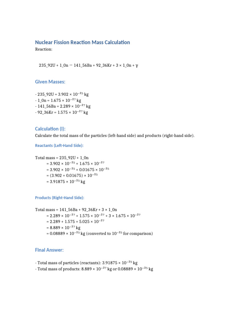 Nuclear Fission Mass Calculation | PDF