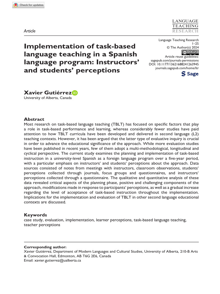 Gutierrez 2024 Implementation of Task Based Language Teaching in A Spanish Language Program ...