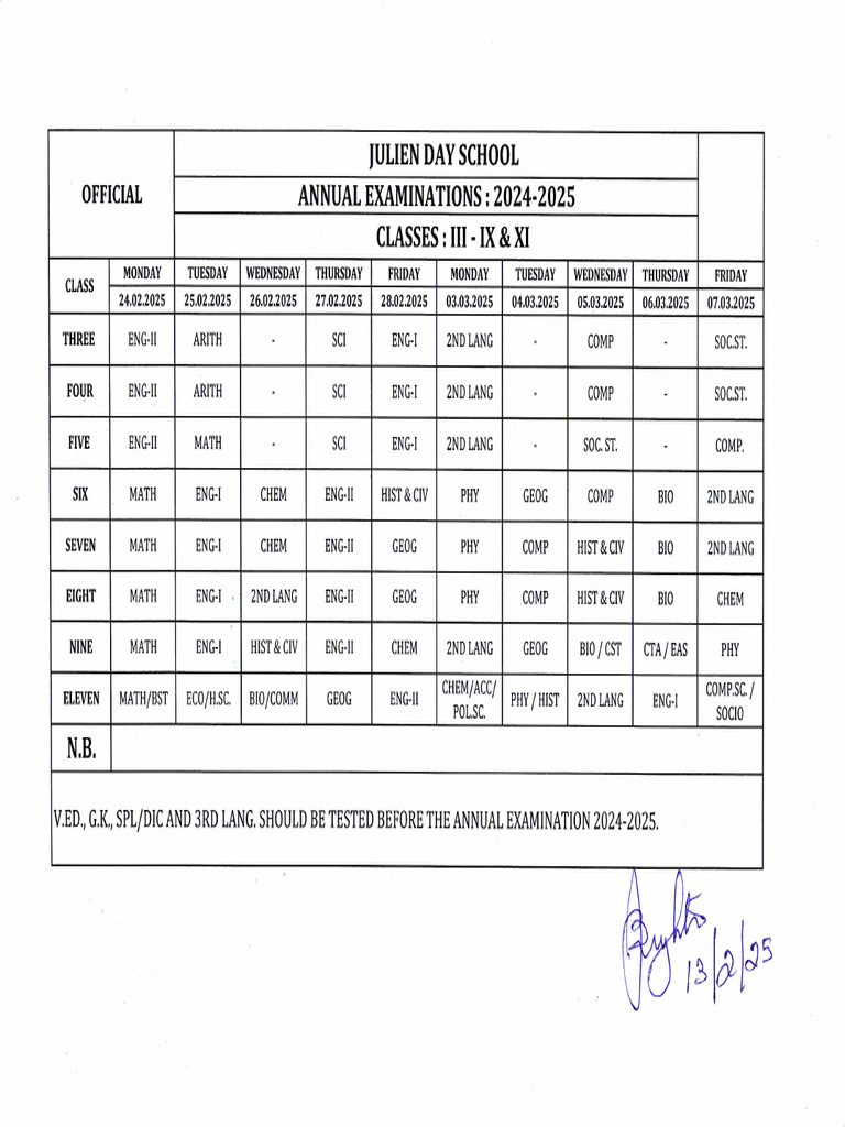 Annual Examination Time Table (Official) 2024-25 With Timings and ...