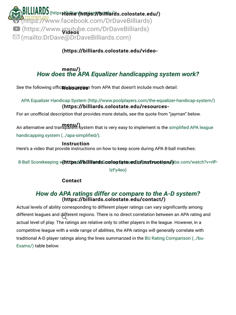 APA Equalizer Handicapping System - Billiards and | PDF