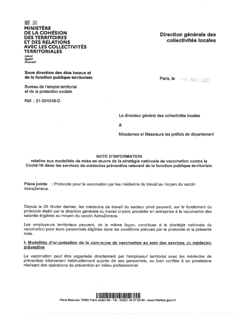 Circulaire DGCL 9 Mars 2021 Stratégie Nationale de Vaccination Dans La FPT | PDF