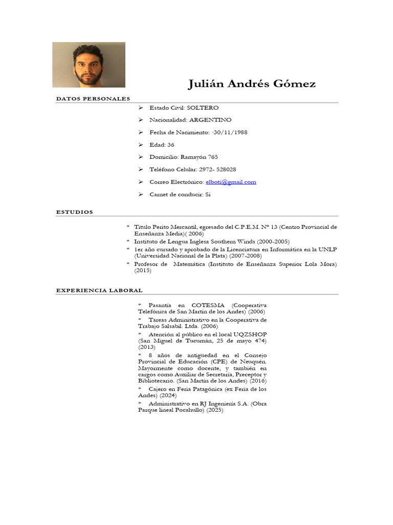 Currículum de Julián Gómez: Experiencia y Estudios | PDF