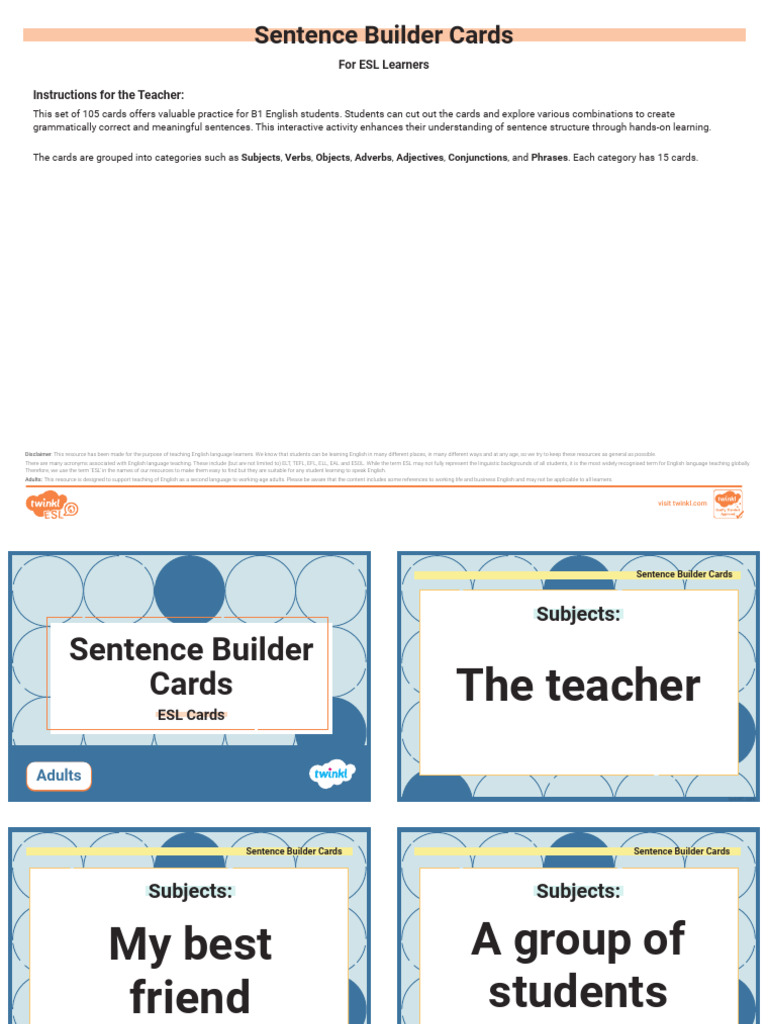 T 1737006029 Esl Sentence Builder Cards Adults b1 Ver 1 | PDF | English ...