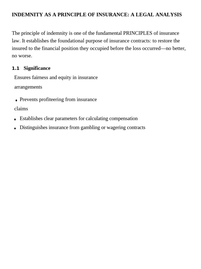 Indemnity As A Principle of Insurance - A Legal Analysis | PDF ...
