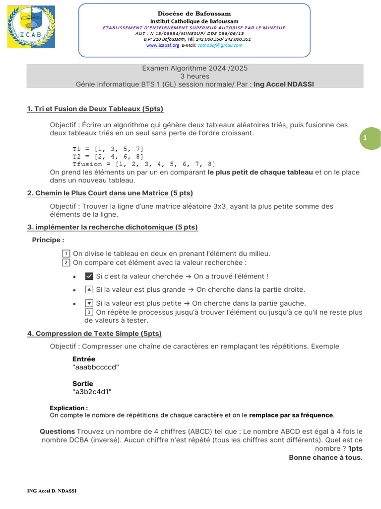 Examen Algorithme BTS 2024-2025 | PDF | Compression de données ...