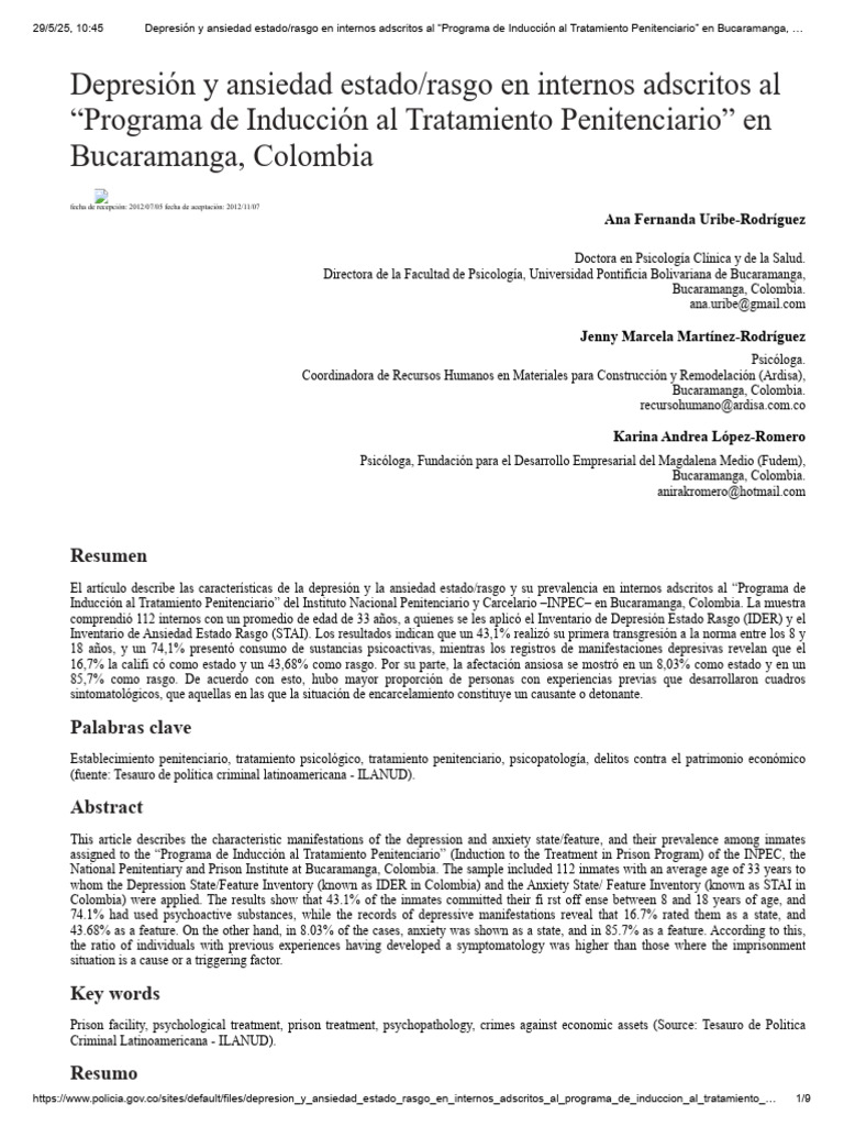 Depresión y Ansiedad Estado - Rasgo en Internos Adscritos Al "Programa ...