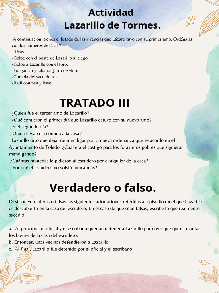 Actividad Lazarillo de Tormes. DL | PDF