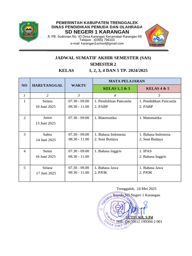 Jadwal Pas Sas SMT 2 2025 - SDN 1 Karangan | PDF