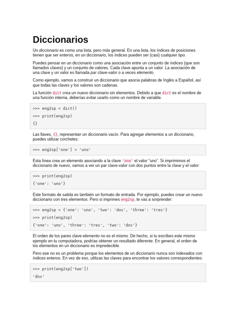 Diccionarios | PDF | Python (lenguaje de programación) | Diccionario