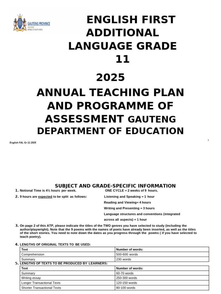 Grade 11 English ATP 2025 Overview | PDF | Reading Comprehension | Poetry