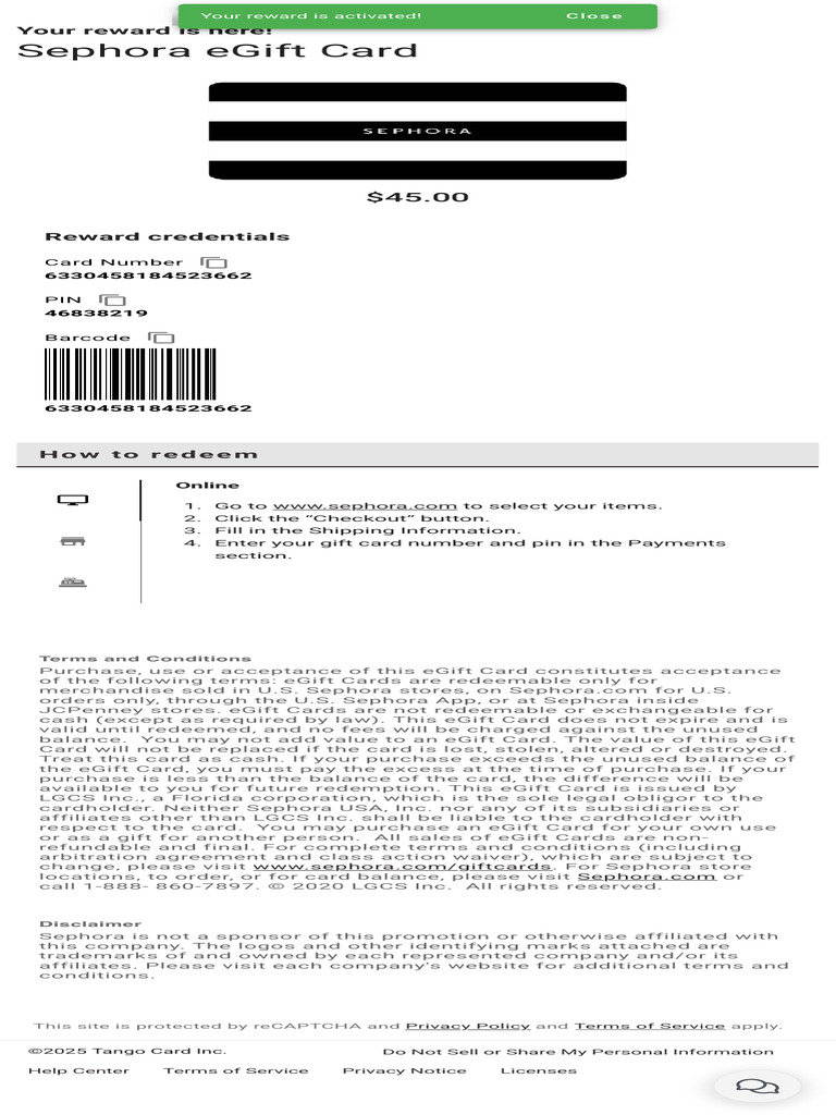 Sephora EGift Card - Tango | PDF | Gift Card