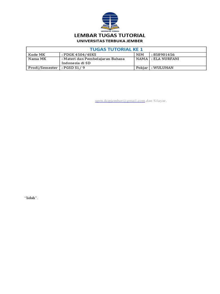 Soal TT1 PDGK4504 Pendidikan Bahasa Indonesia SD_ELA NURFANI 858901456 | PDF